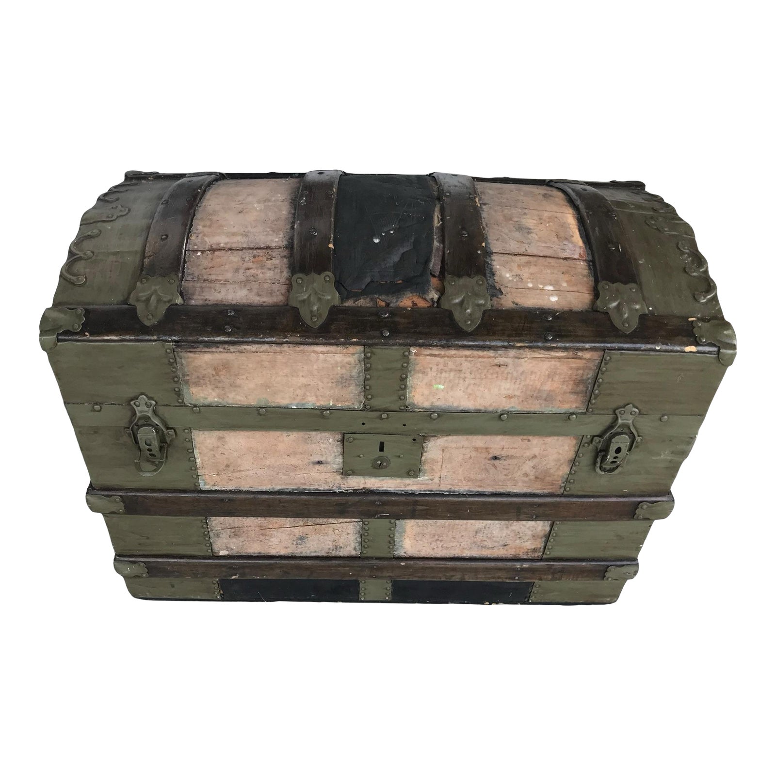 Antique Humpback Trunk With Iron and Brass Fittings | Chairish