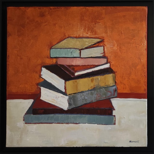 Bookish Serenity, Books, Still Life, Contemporary Painting Framed by ...