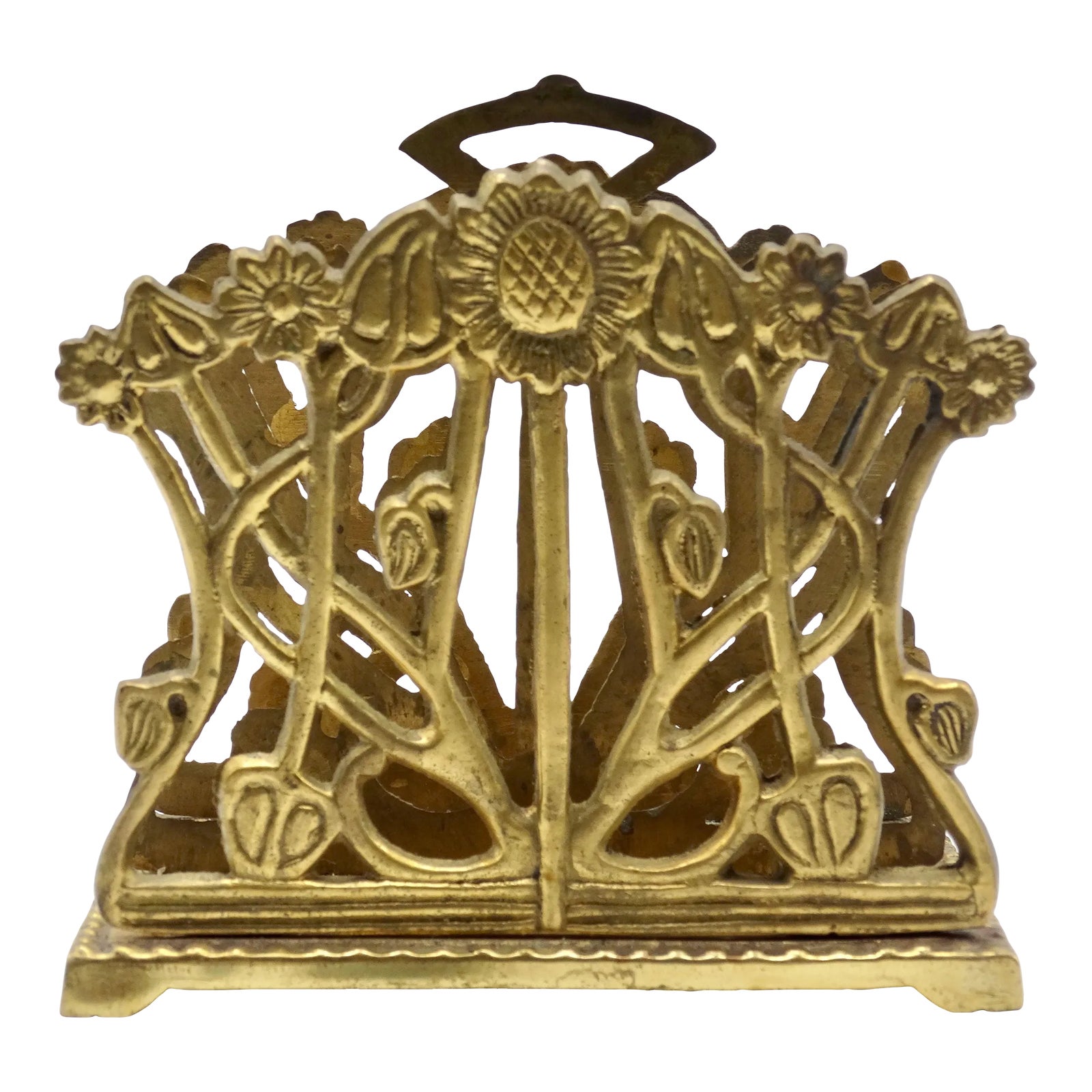 Early Art Nouveau English Brass Sunflower Letter Rack | Chairish