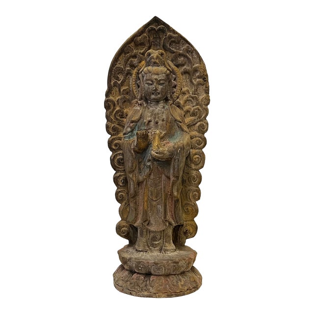 Chinese Rustic Wood Bodhisattva Kwan Yin Tara Standing Buddha Statue ...