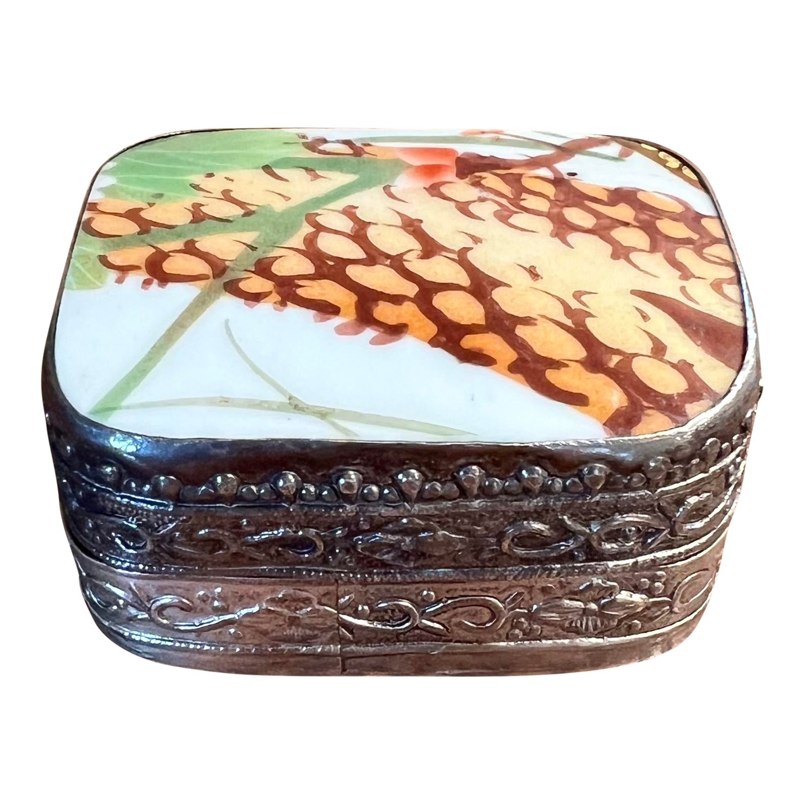 1960s Vintage Chinese Porcelain Shard Box, Silver Box With Porcelain ...