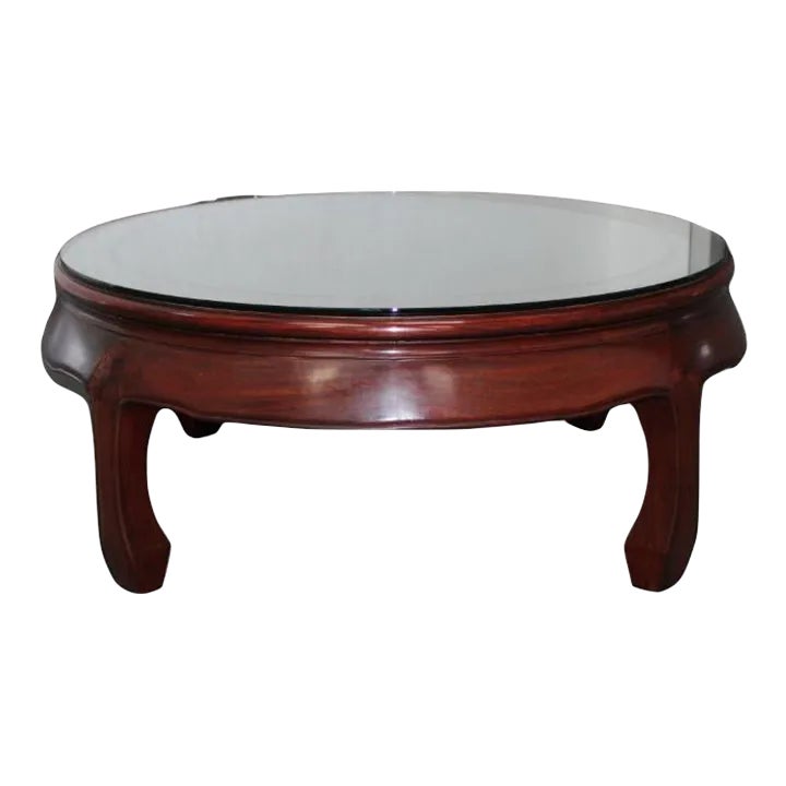 Asian Style Round Coffee Table W/ Glass Top | Chairish