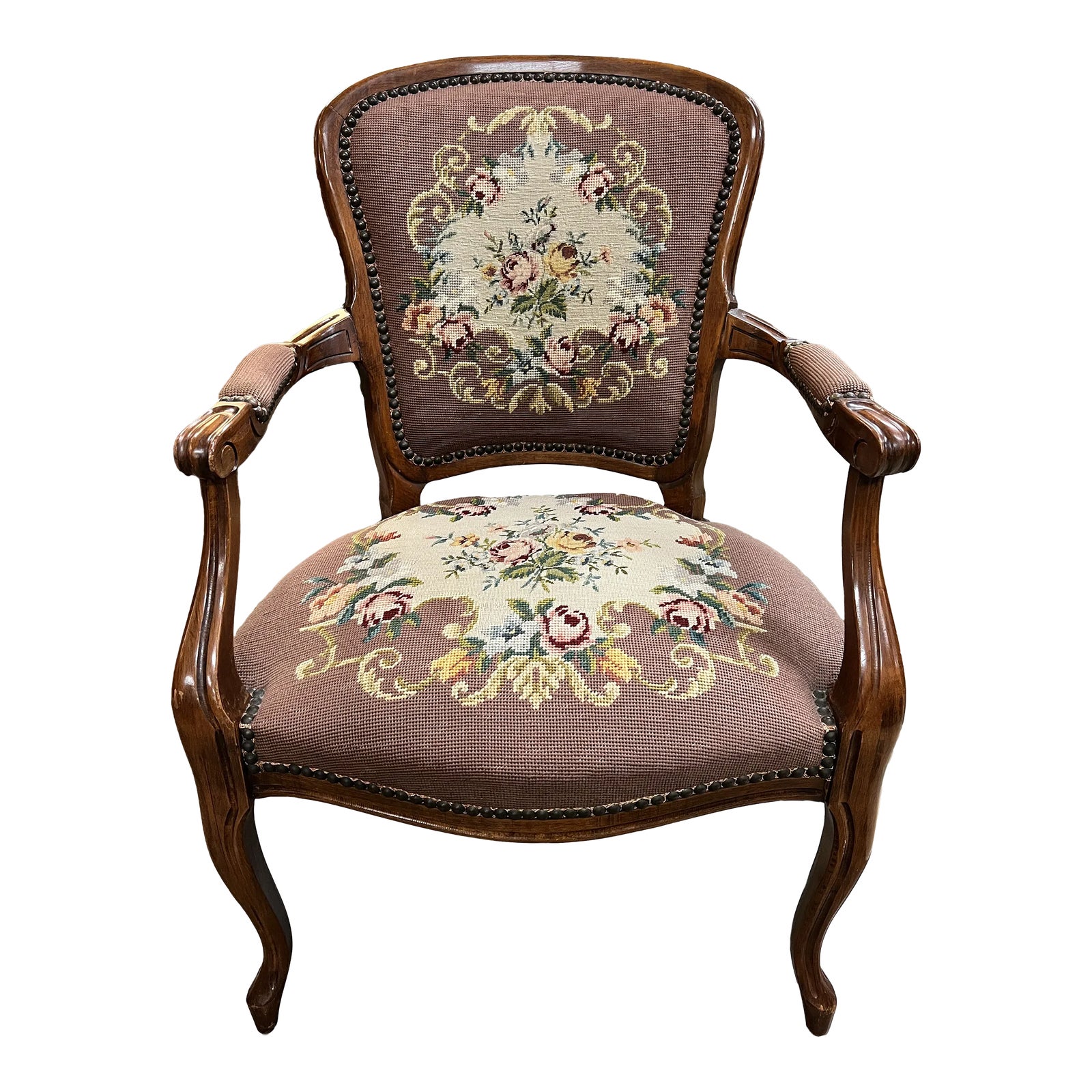Antique French Style Needlepoint Arm Chair | Chairish