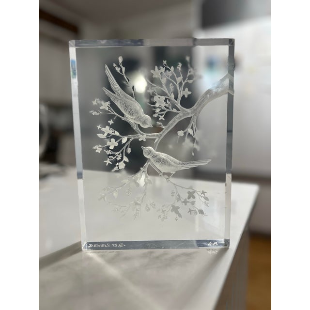 1970s Emile Dekel Etched Carved Acrylic Lucite Scene of Birds and ...
