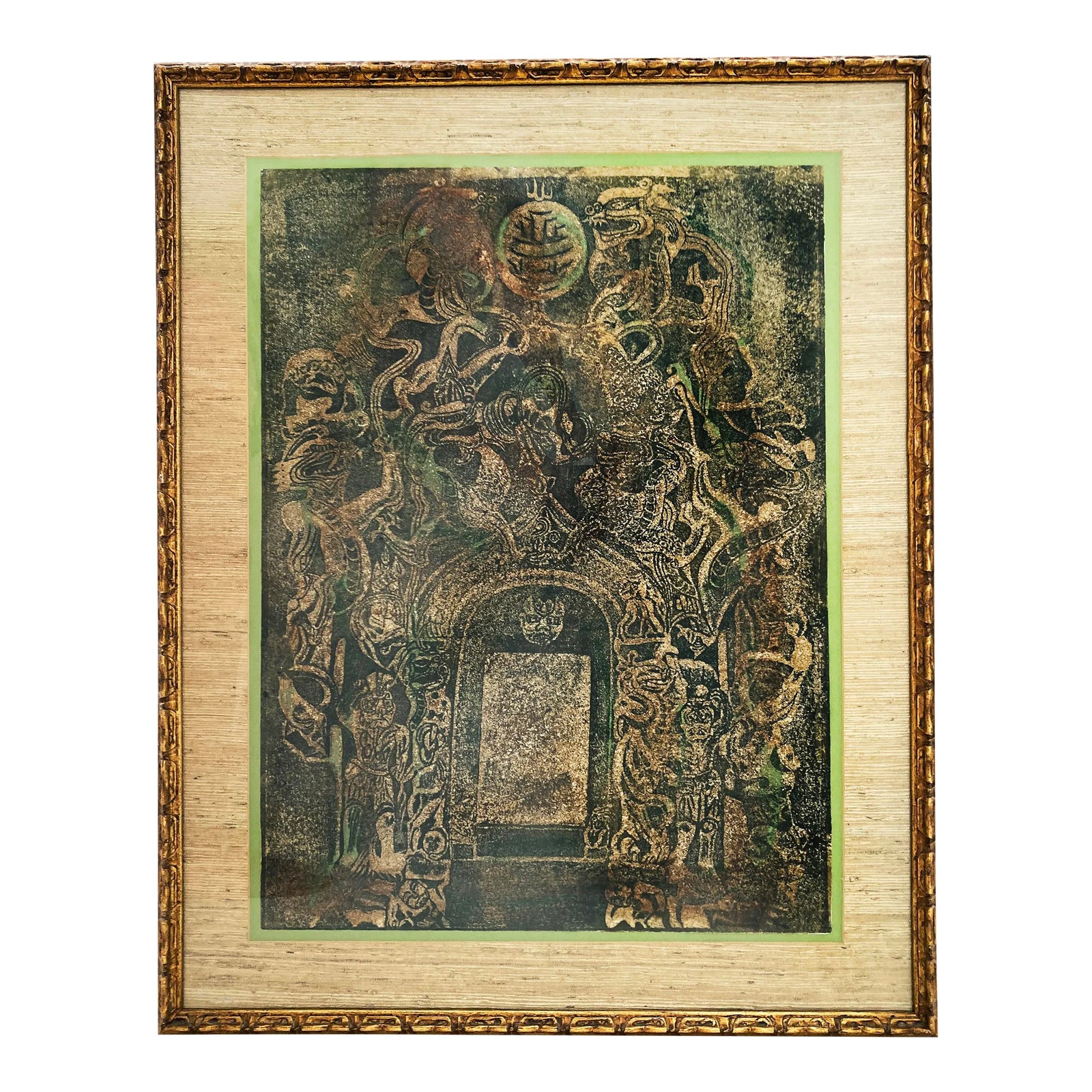 Mid 20th Century Gothic Style Block Print With Gold Gilt Frame | Chairish