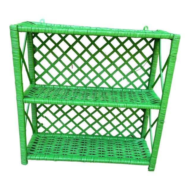 Green Painted Wicker Wall Shelf 2 | Chairish