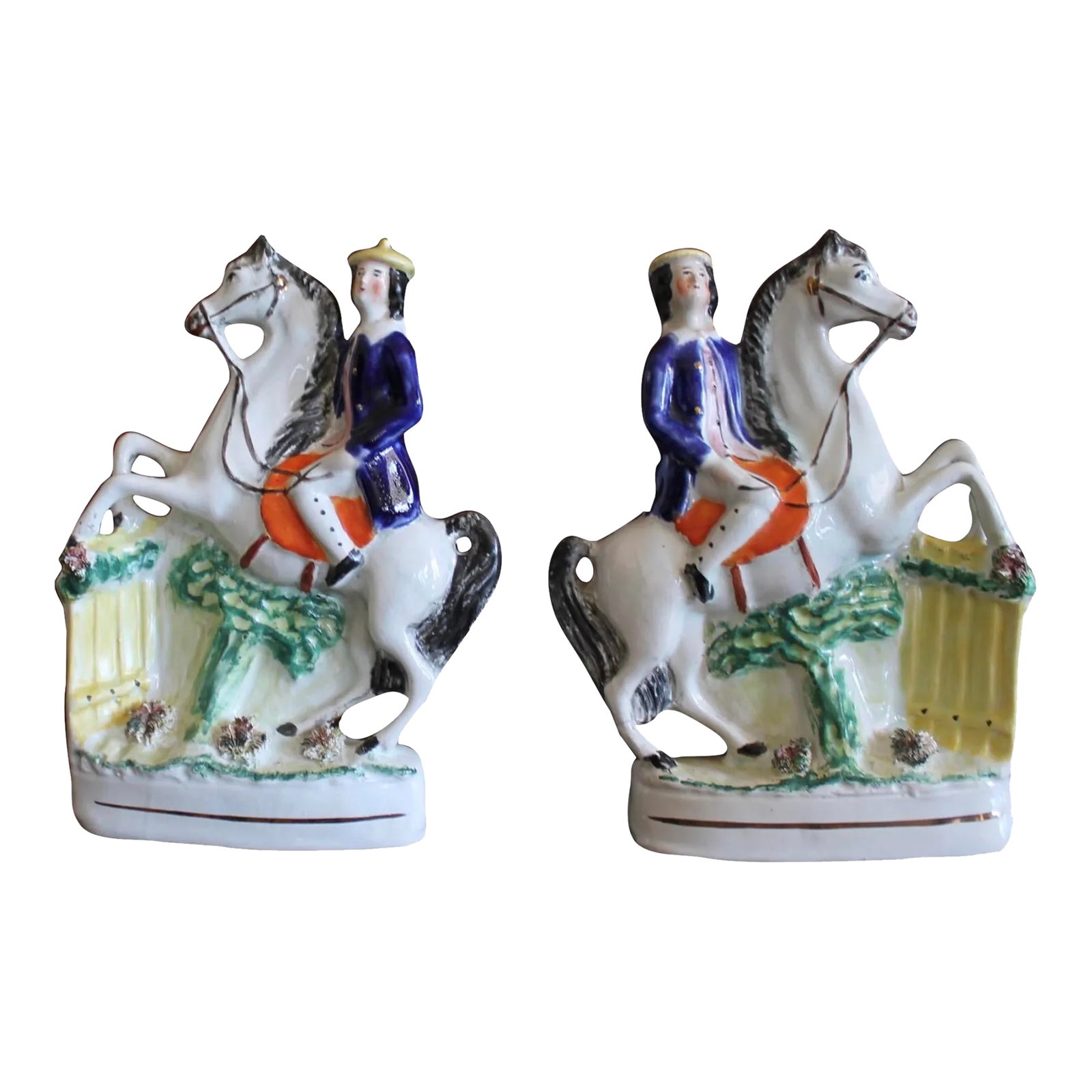 Pair of Staffordshire Gentlemen Figures on Horseback, 19th C. | Chairish