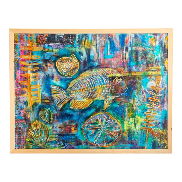 Multimedia and Acrylic Abstract Expressionist Fish Painting | Chairish