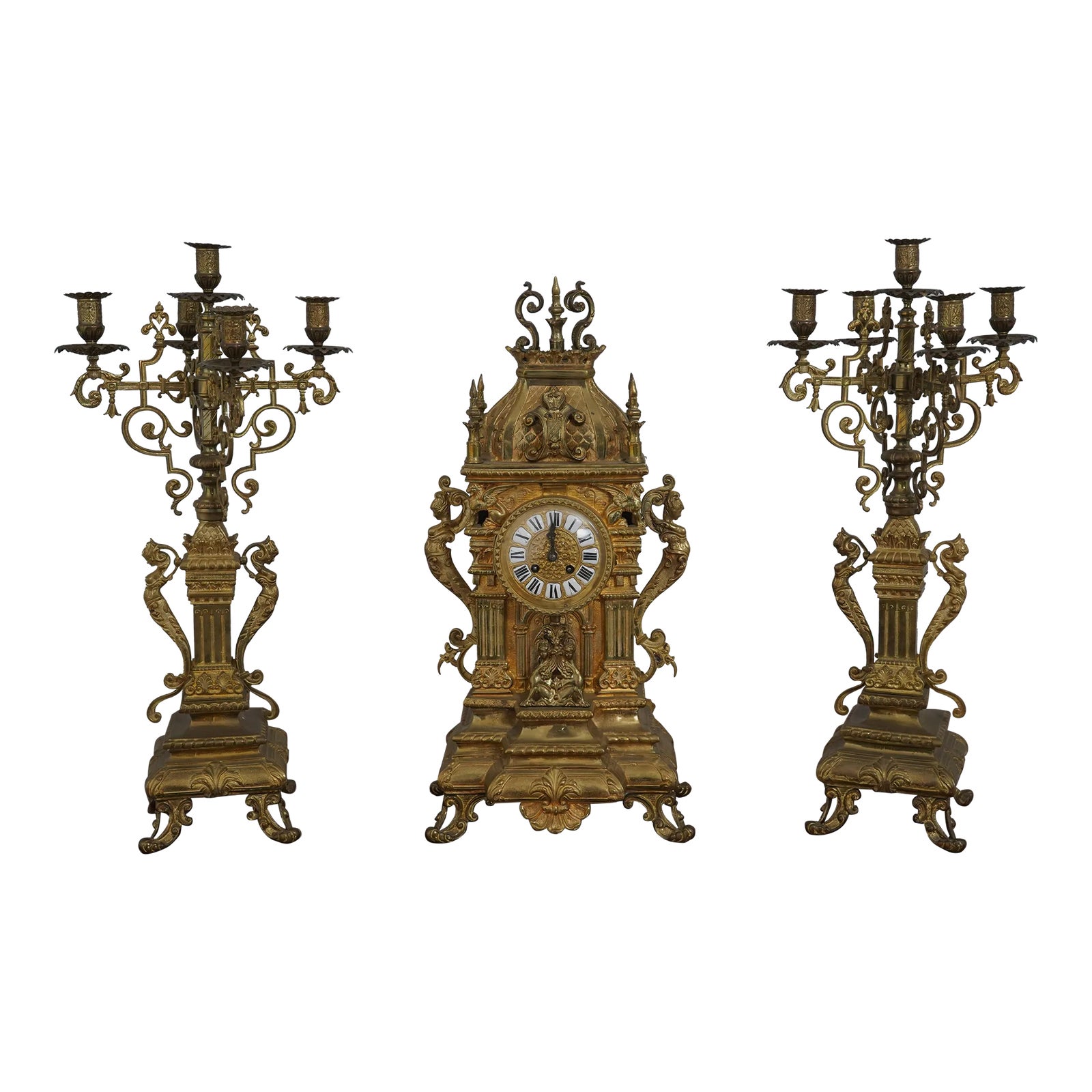 Vintage 3 Piece French Style Clock Set W. Candelabras | Chairish