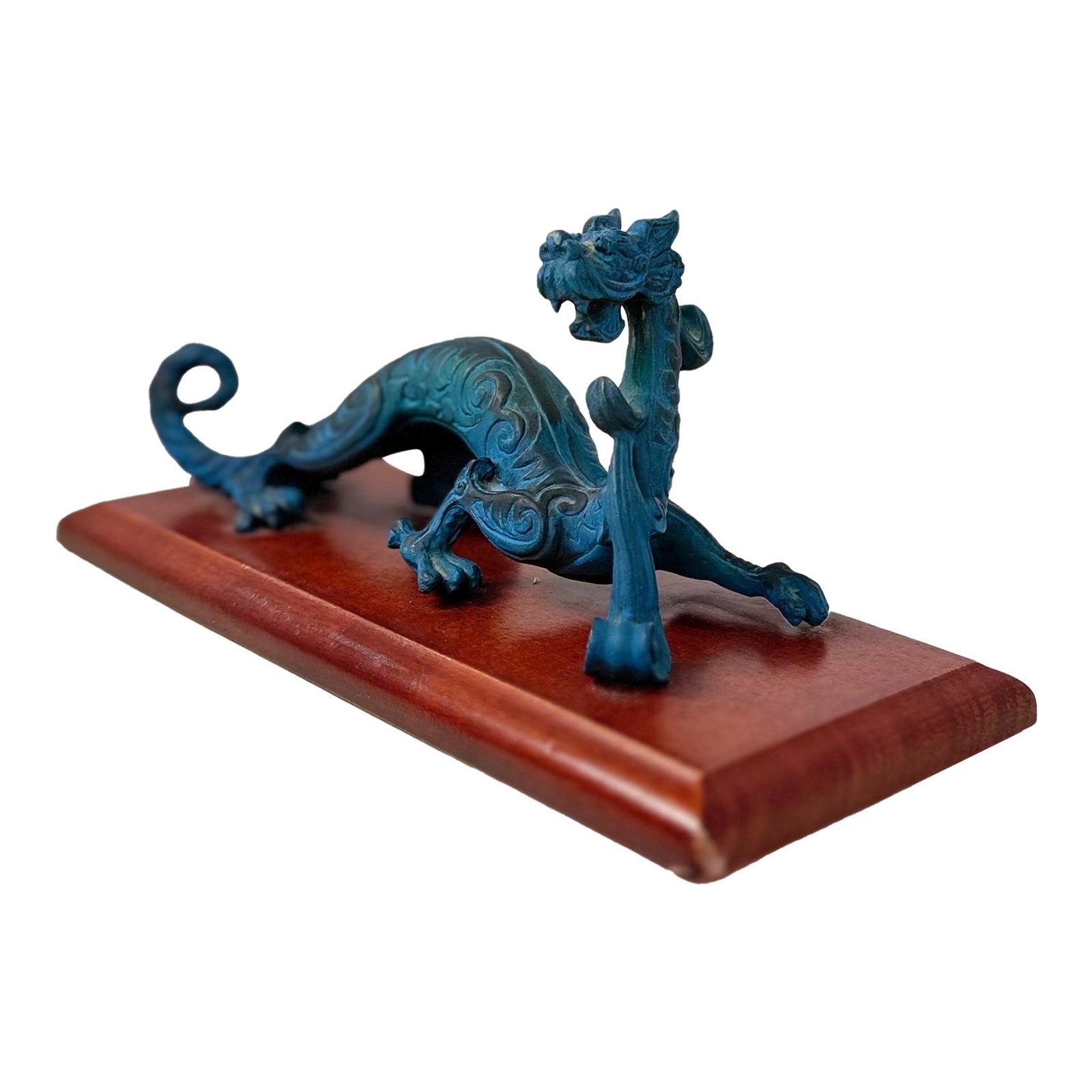 Contemporary Brass Chilong Dragon Sculpture on Hardwood Base | Chairish