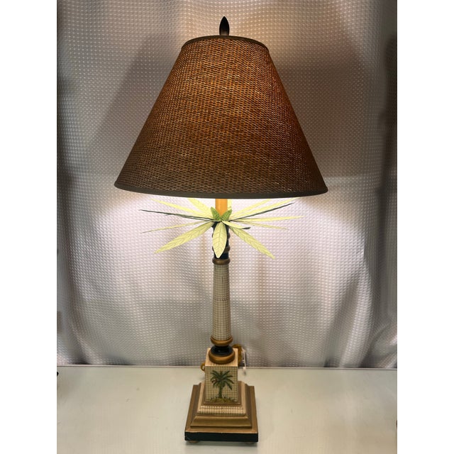 Vintage Palm Beach Style Hand Painted Palm Tree Column Table Lamp With ...