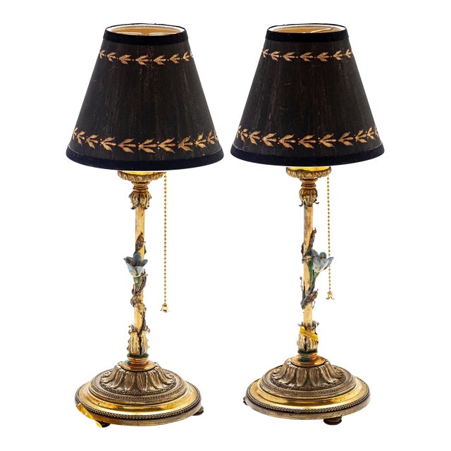 1950s German Brass Lamps with Hand-Painted Black Shades - A Pair | Chairish