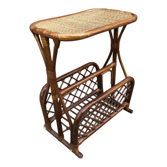 Mid 20th Century Boho Chic Cane & Rattan Side Table W/Magazine Rack ...