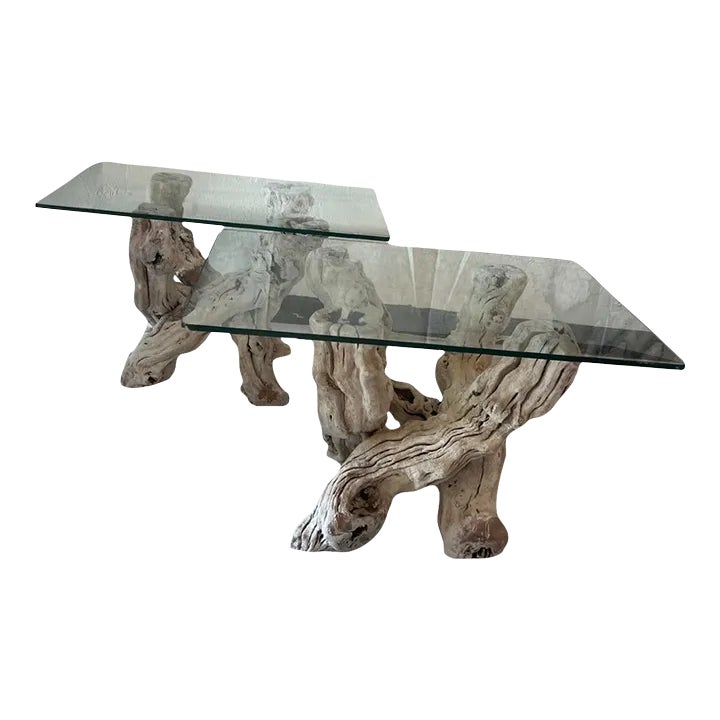 Vintage Contemporary Root Side Wood Tables With Crystal Top.- a Pair ...