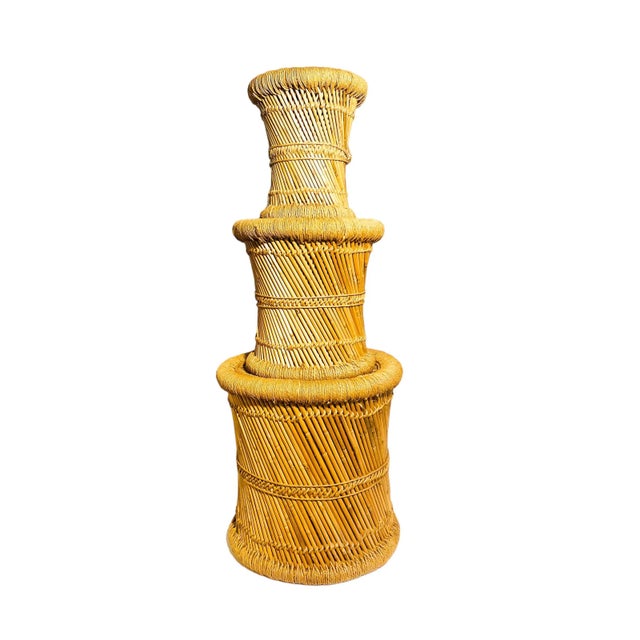 1970s Mid-Century Modern Spiral Cane & Woven Sisal Nesting Stools, Set ...
