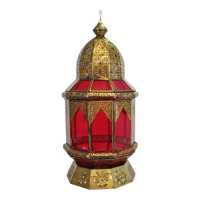Moorish Brass & Red Glass Lantern | Chairish