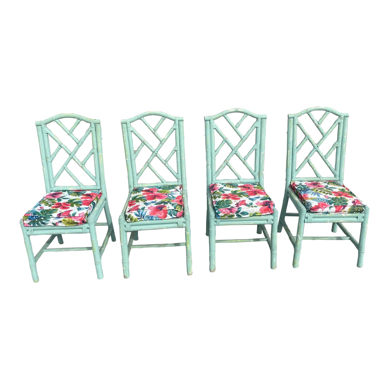 Mid-Century Coastal Boho Distressed Aqua Rattan Chippendale Dining ...