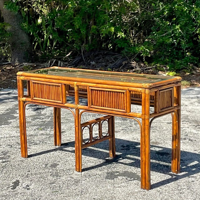Vintage Coastal Rattan Console Table | Chairish