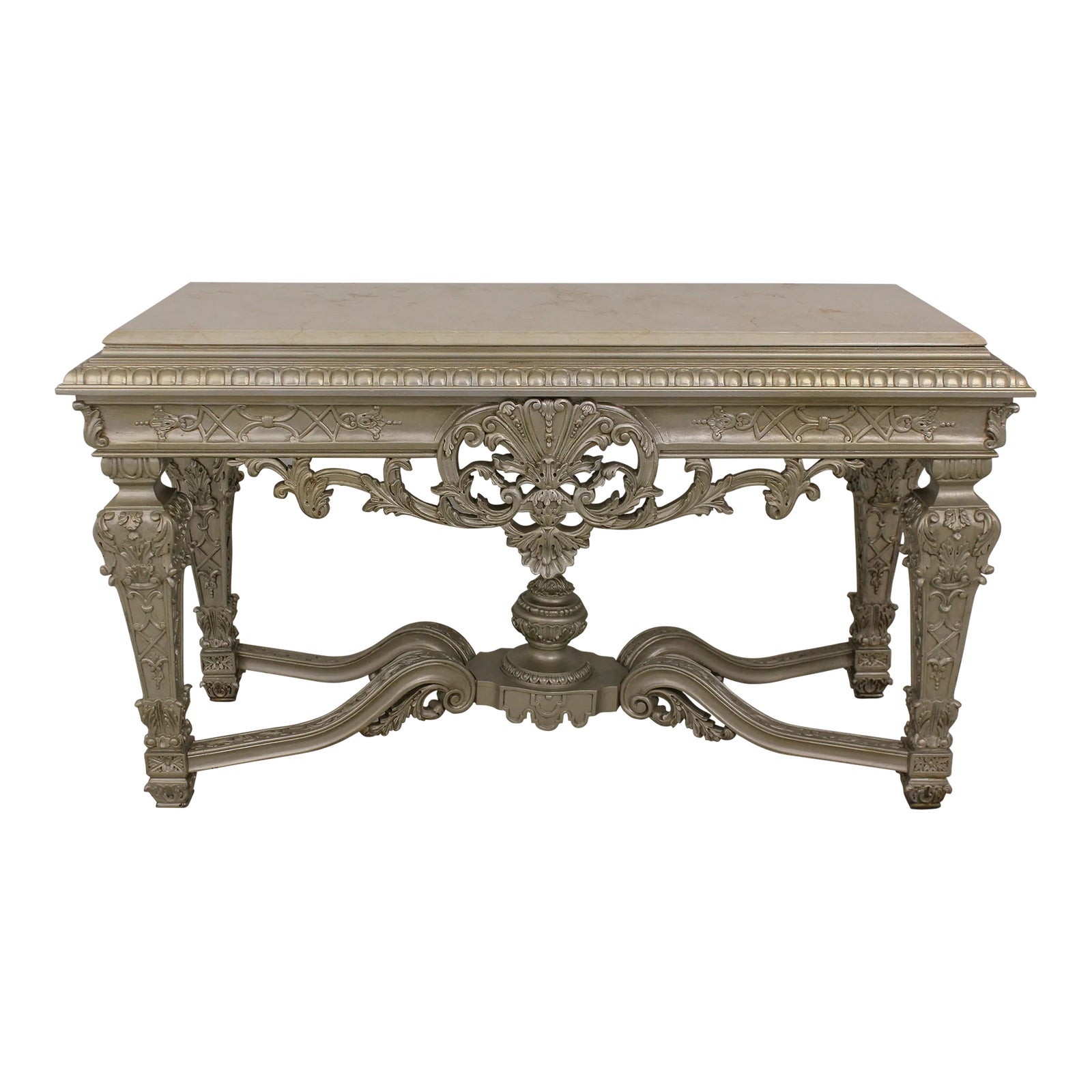 Continental Design Silver Decorated Marble Top Console | Chairish