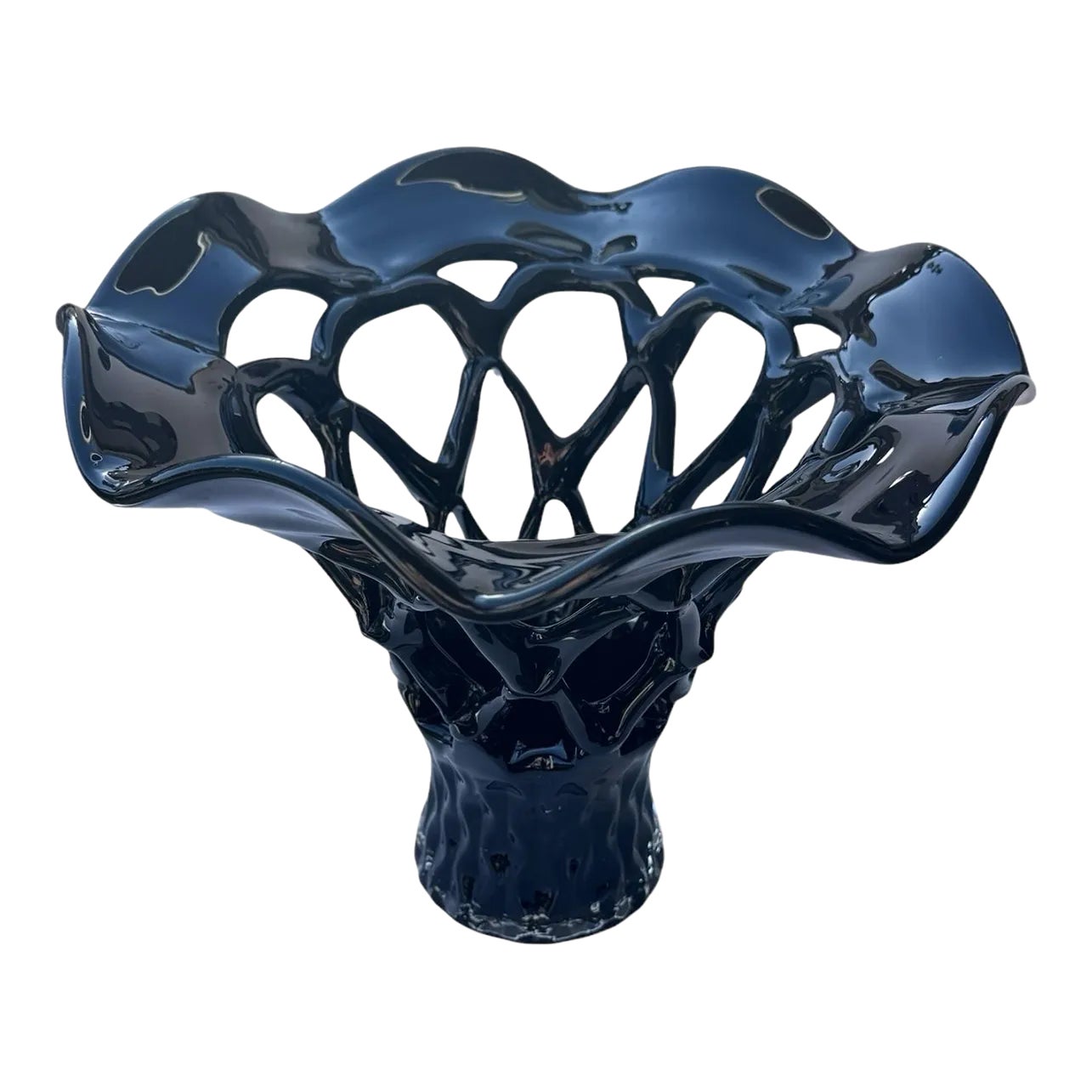Late 20th Century Black Art Glass Basket Weave Ruffled Open Lattice ...