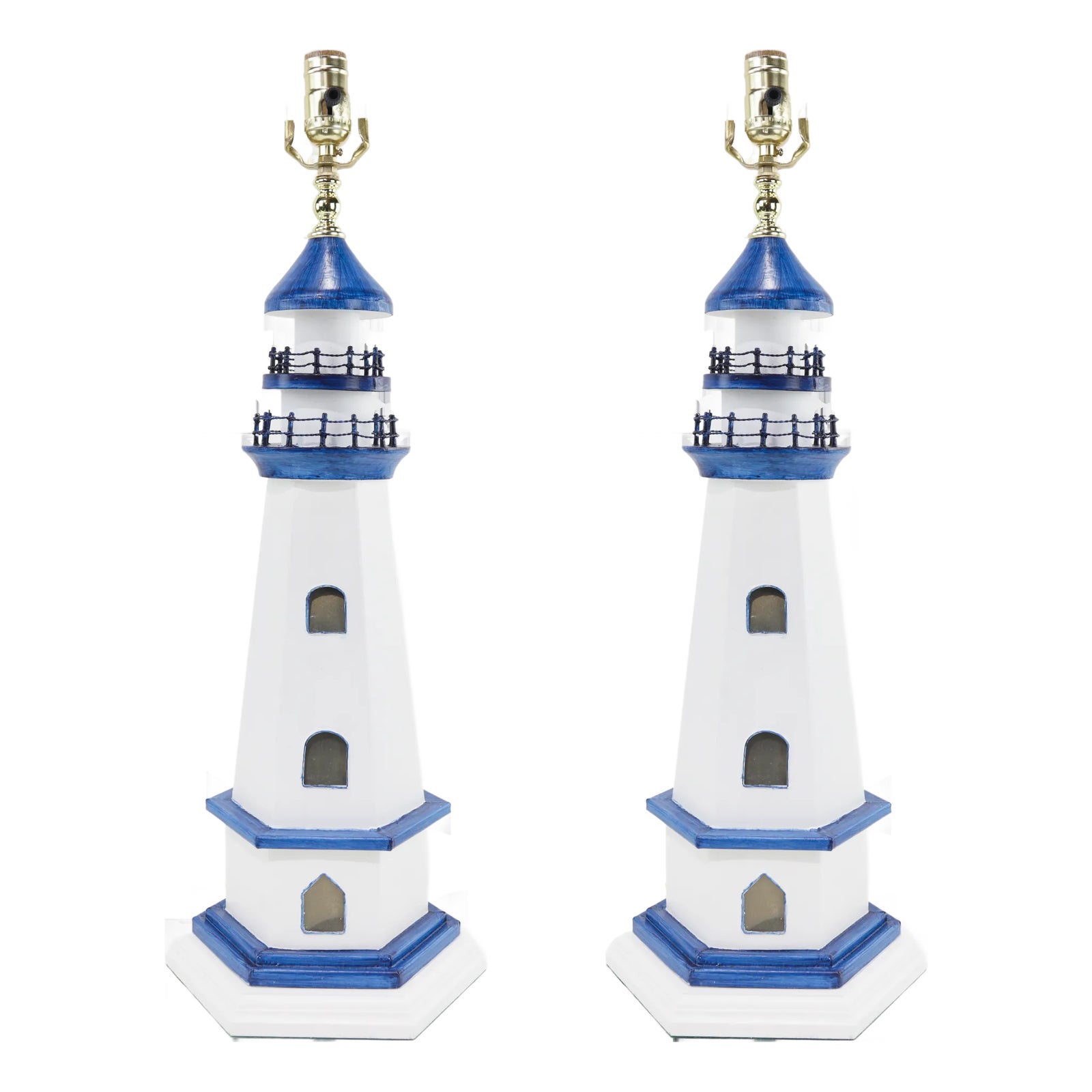 Pair of Vintage Blue and White Nautical Lighthouse Table Lamp | Chairish