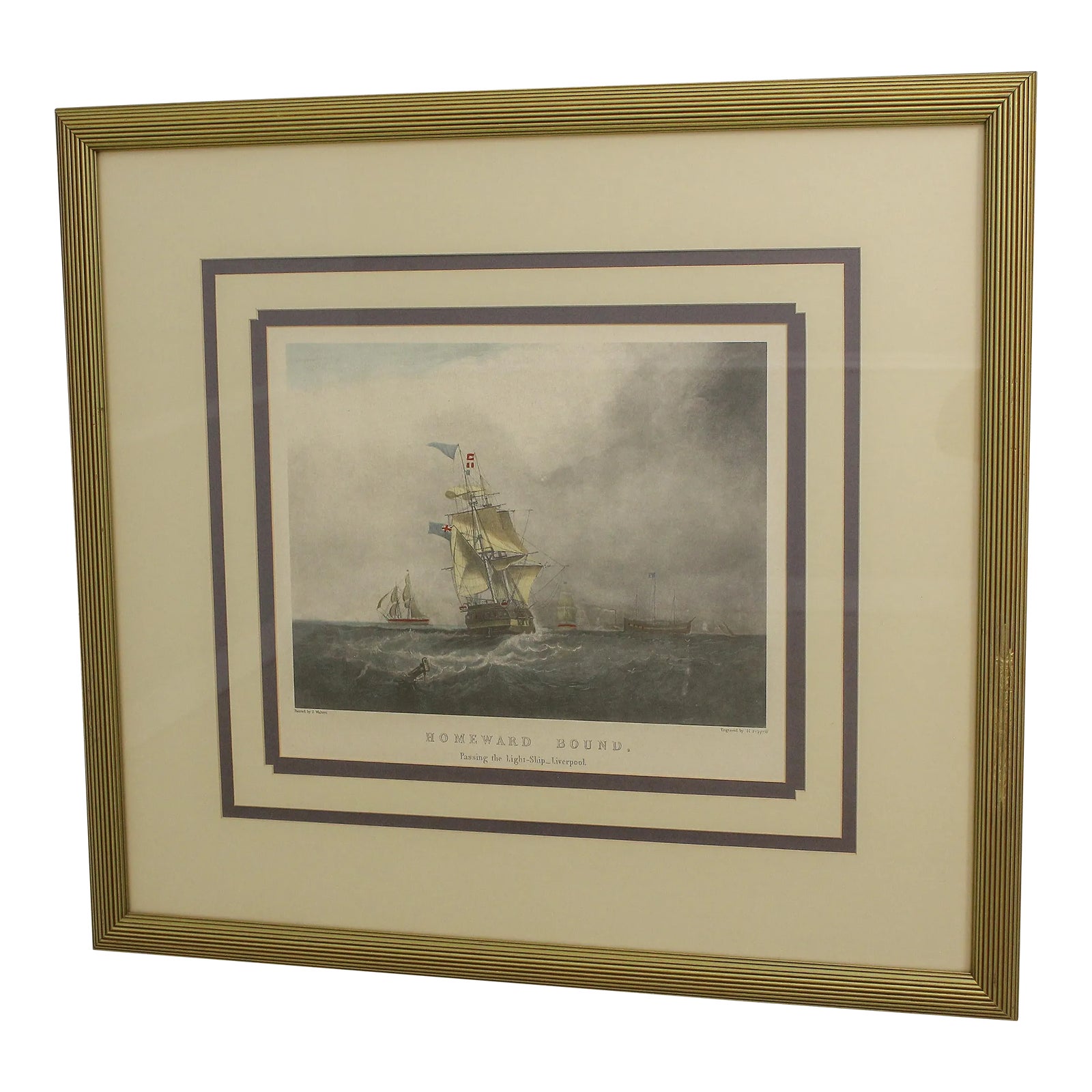 Framed & Matted Homeward Bound Tall Ship Vintage Engraving | Chairish