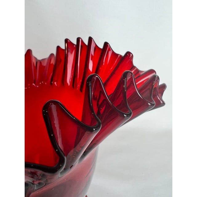 Vintage Blenko Ruby Red Crimped Edge Pedestal Vase | Chairish