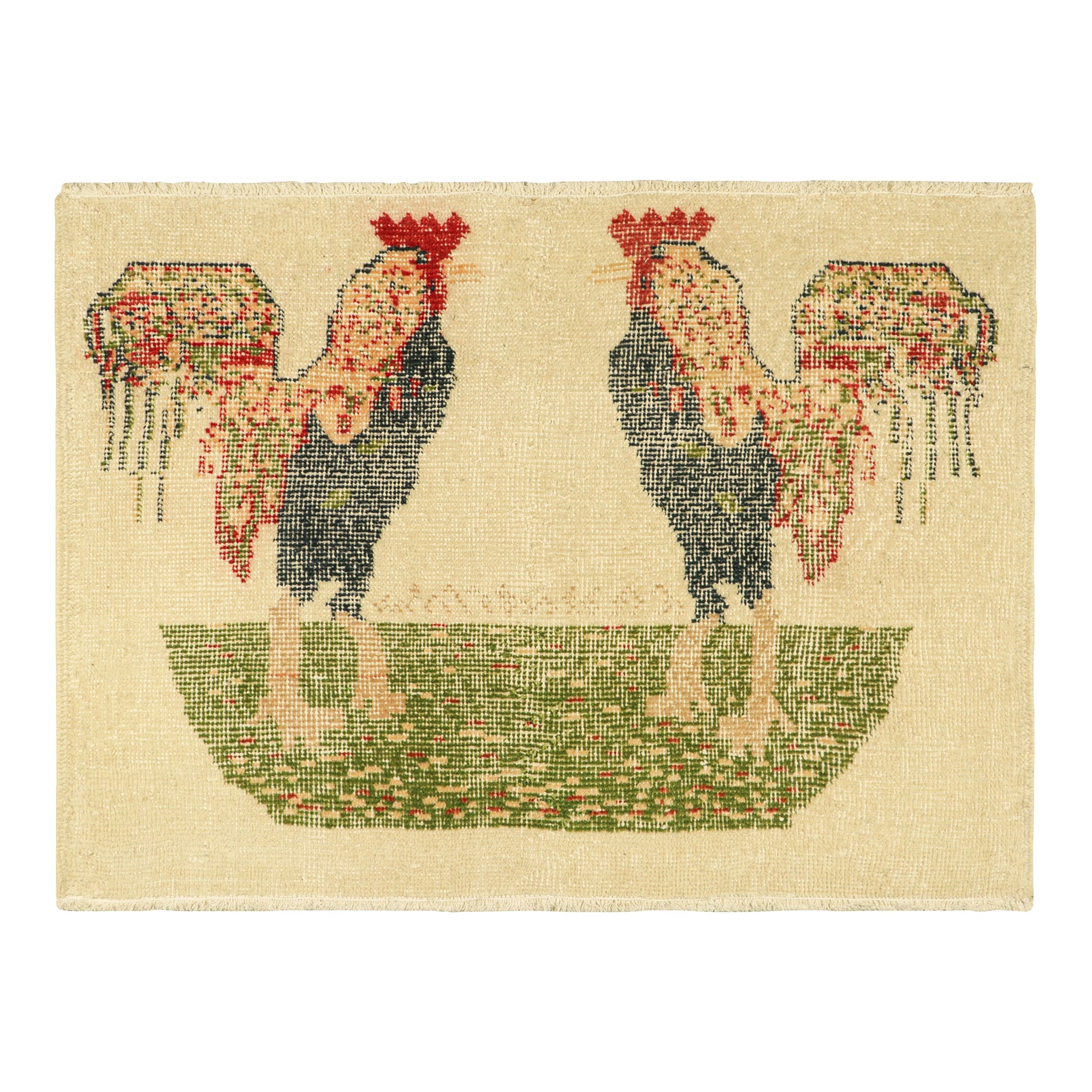 Vintage PIctorial Rug in Beige With Twin Roosters, From Rug & Kilim ...