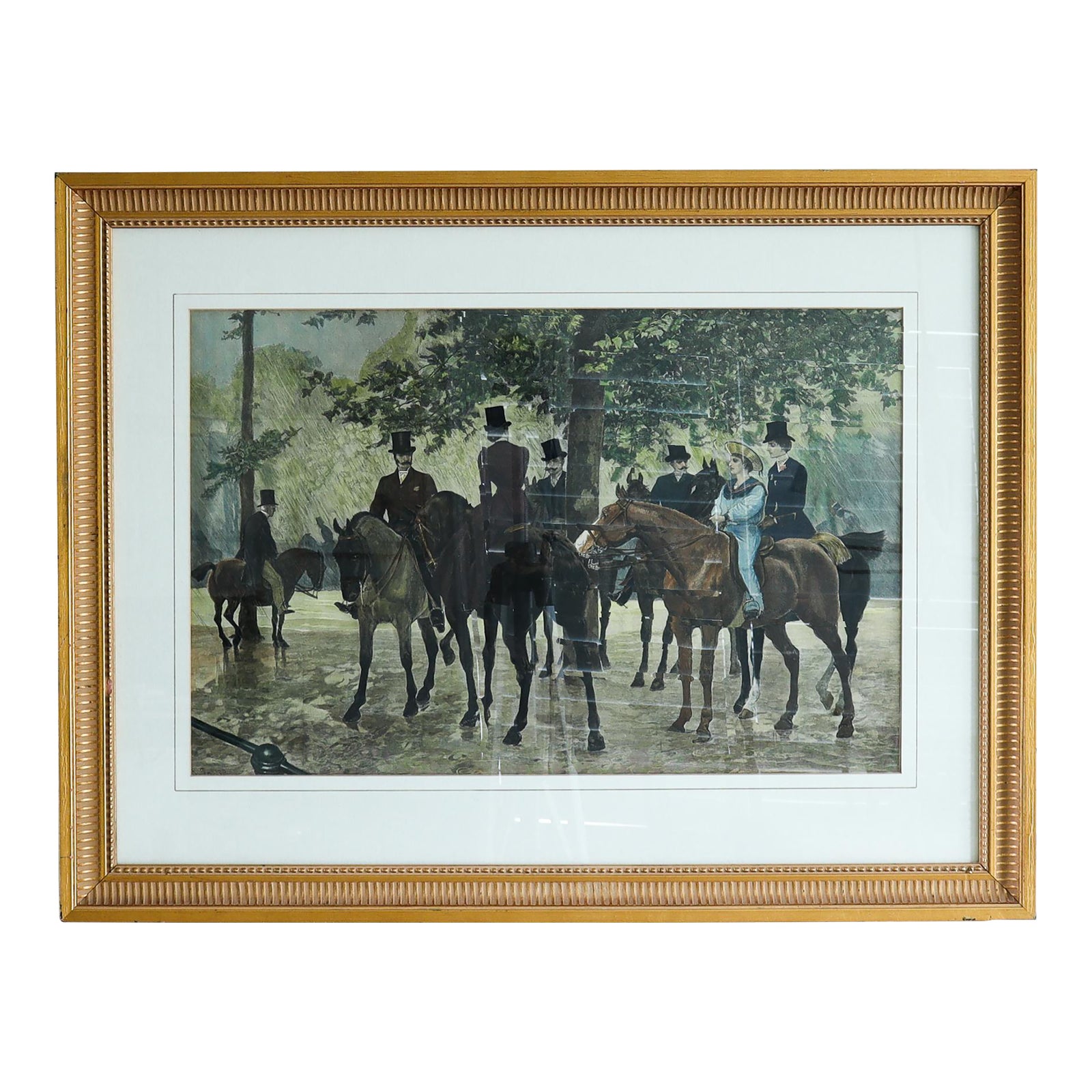1880s European Hand Colored Illustration/Engraving "A Sharp Shower in ...