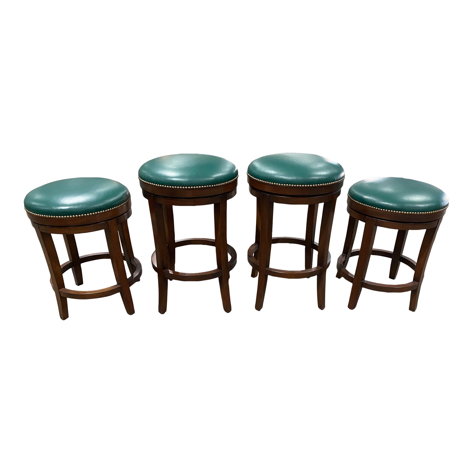 Custom Chaddock Bar Stools With Green Leather Seats- 4 Pieces | Chairish