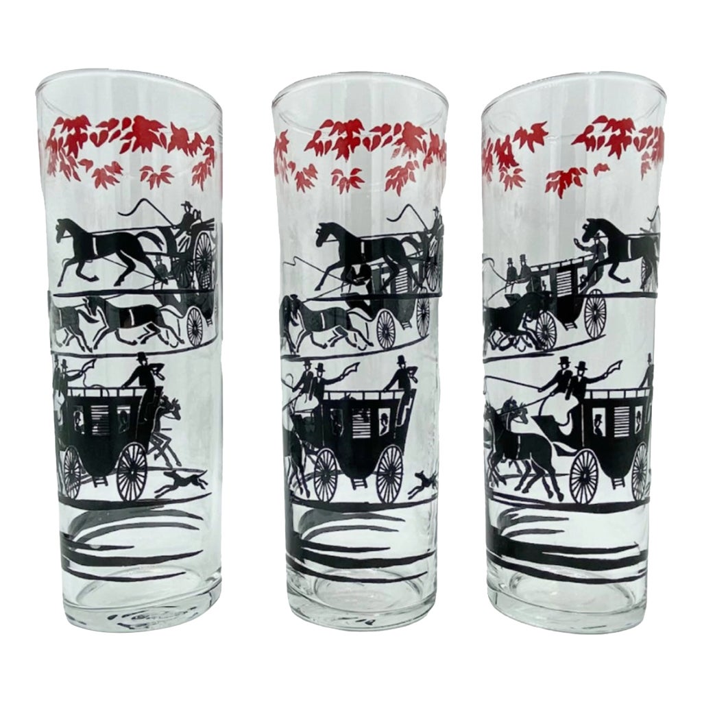 Vintage Set 3 Hazel Atlas Equestrian Horse Buggy Stagecoach Cocktail ...