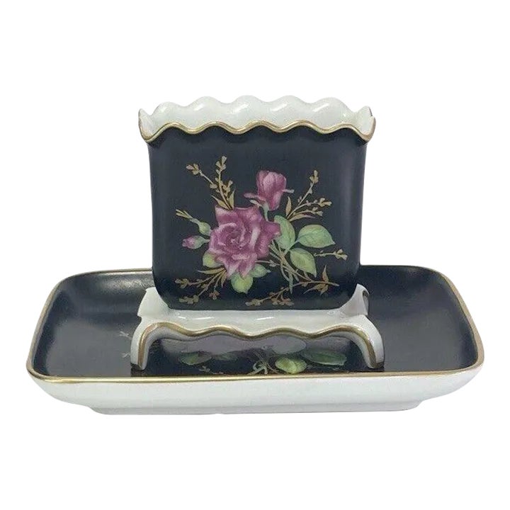 1960s Rosenthal 2-Piece Black Rose Porcelain Vanity Dresser Set, Tray ...