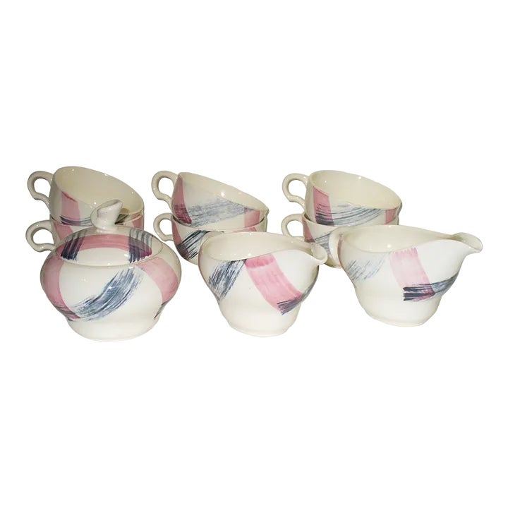 Mid Century Pink and Grey Cream and Sugar Set Plus 6 Matching Coffee ...