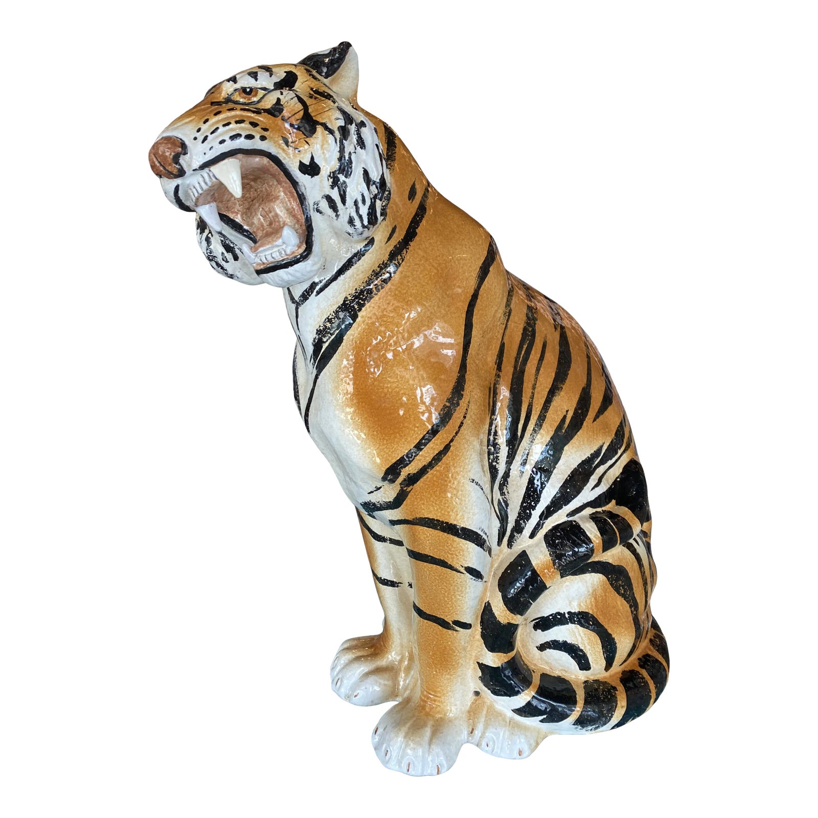Vintage Large Italian Ceramic Sitting Tiger Statue | Chairish