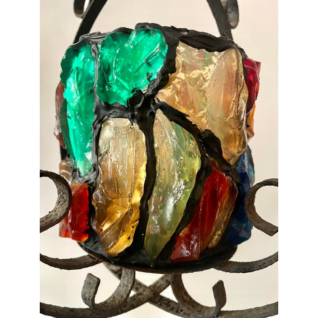 1950's Peter Marsh Style Glass and Iron Hanging Candle Lantern | Chairish