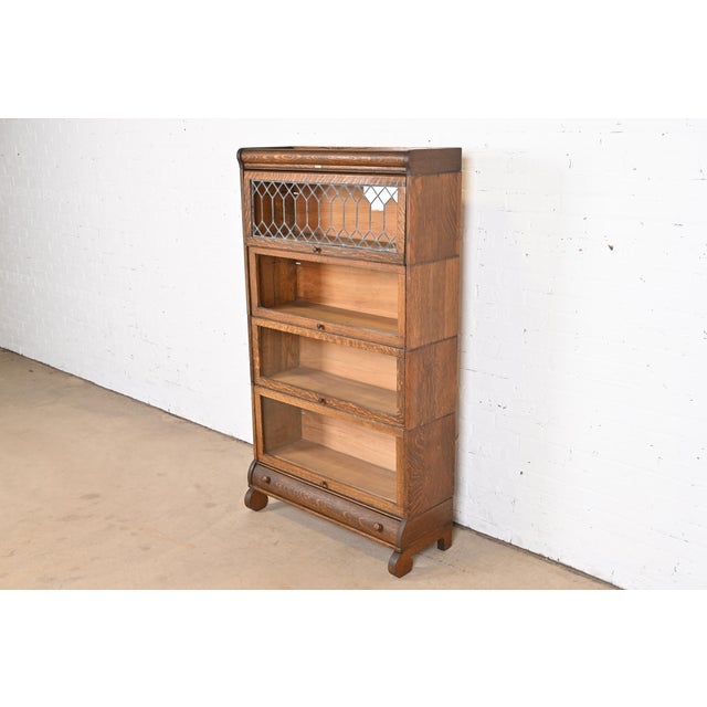 Antique Arts and Crafts Oak Four-Stack Barrister Bookcase With Leaded ...