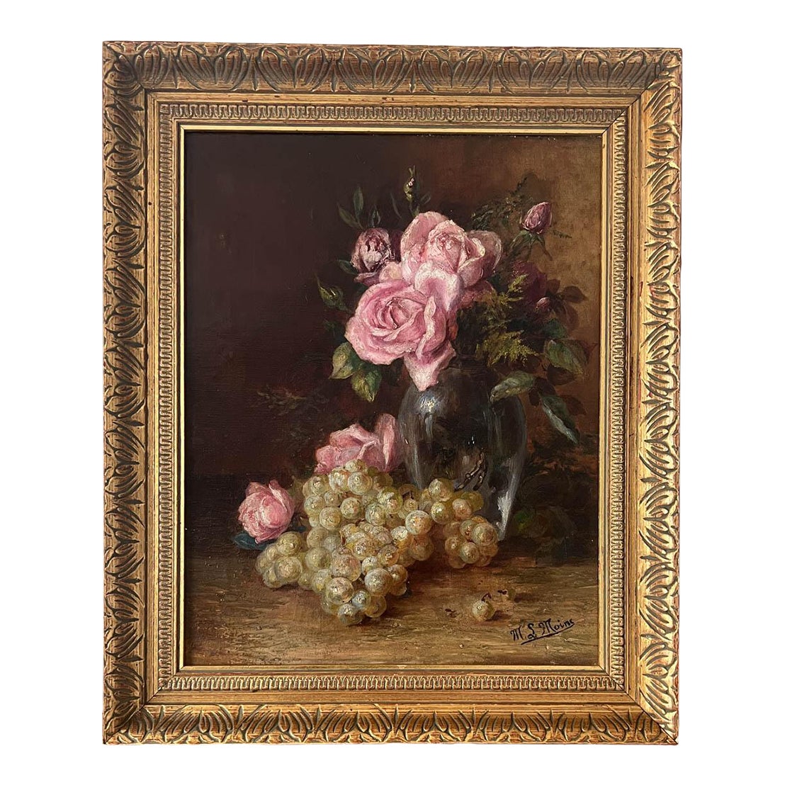 Antique French Floral Pink Roses Oil Still Life Painting | Chairish