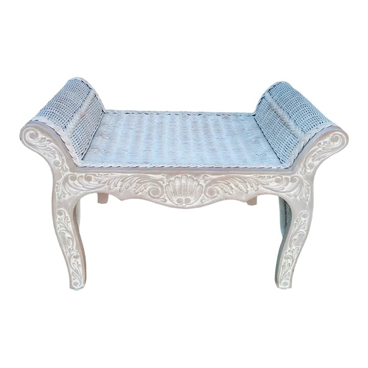 Vintage White Wash Wicker and Carved Wood Small Coastal Bench | Chairish