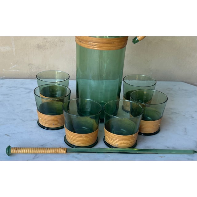 Blown Glass & Rattan Cocktail Pitcher With Bar Glasses & Stirrer Stick ...