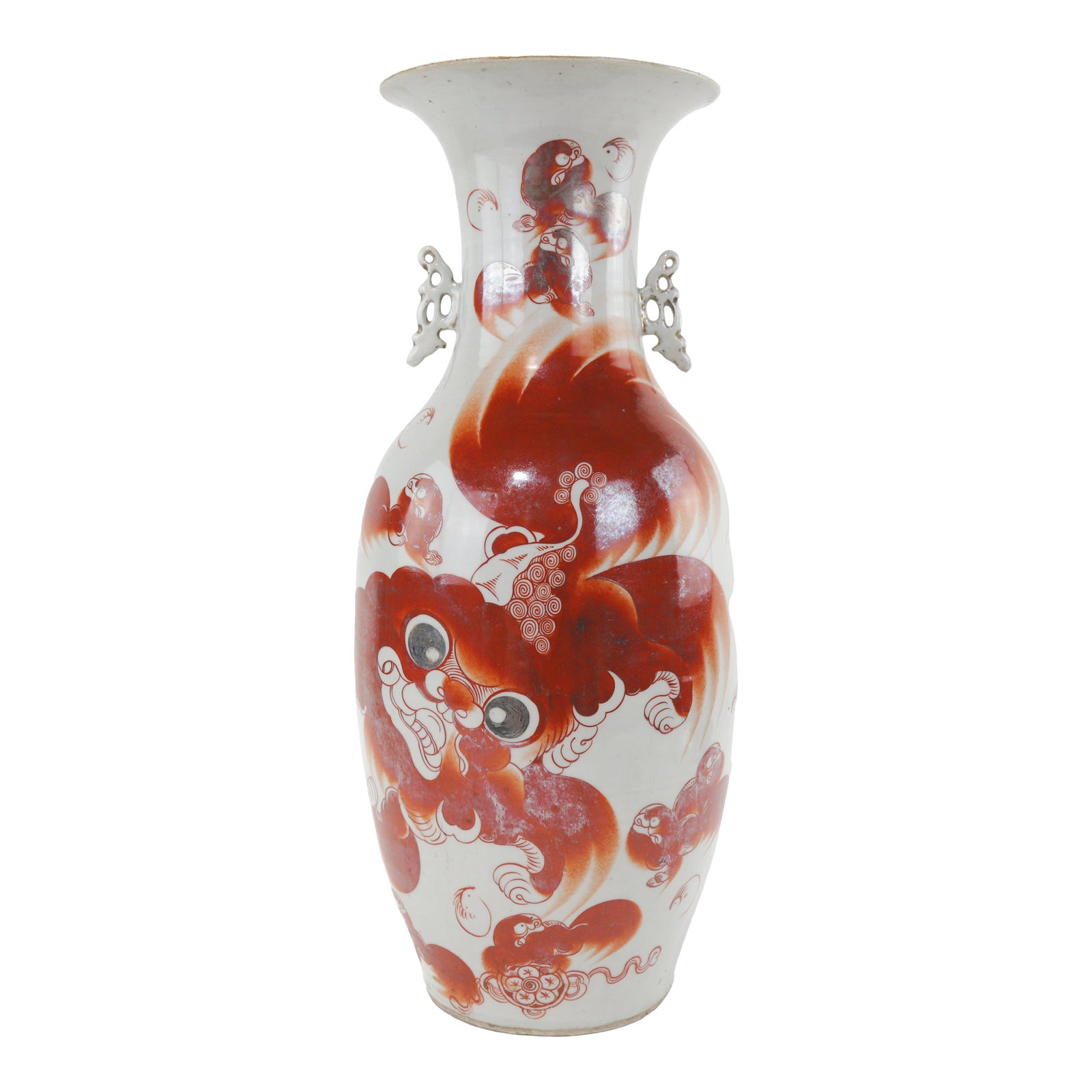 Late 19th Century Chinese Red Foo Dog Vase With Pierced Handles | Chairish