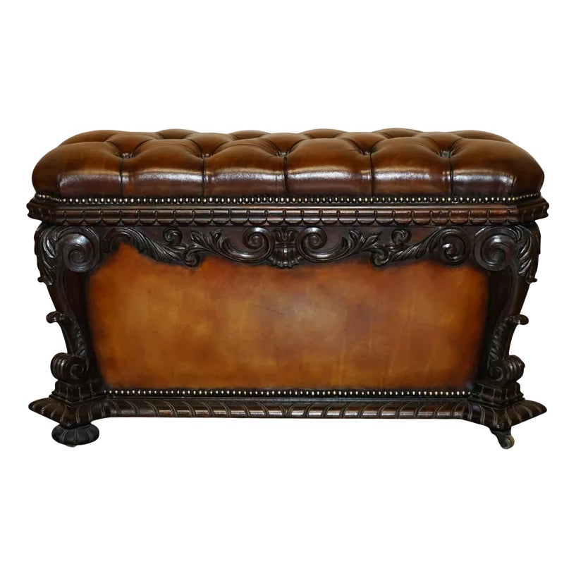 Antique Chesterfield Ottoman in Leather and Hardwood, 1830 | Chairish