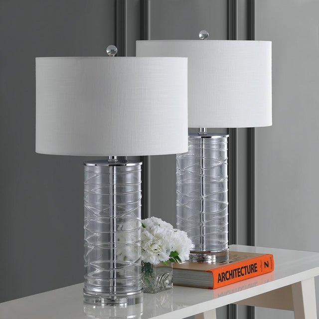 27.5" Modern Fused Glass Cylinder LED Table Lamp, Clear - a Pair | Chairish