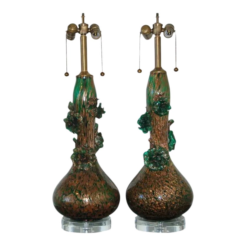 Marbro Murano Glass Flower Lamps Green | Chairish