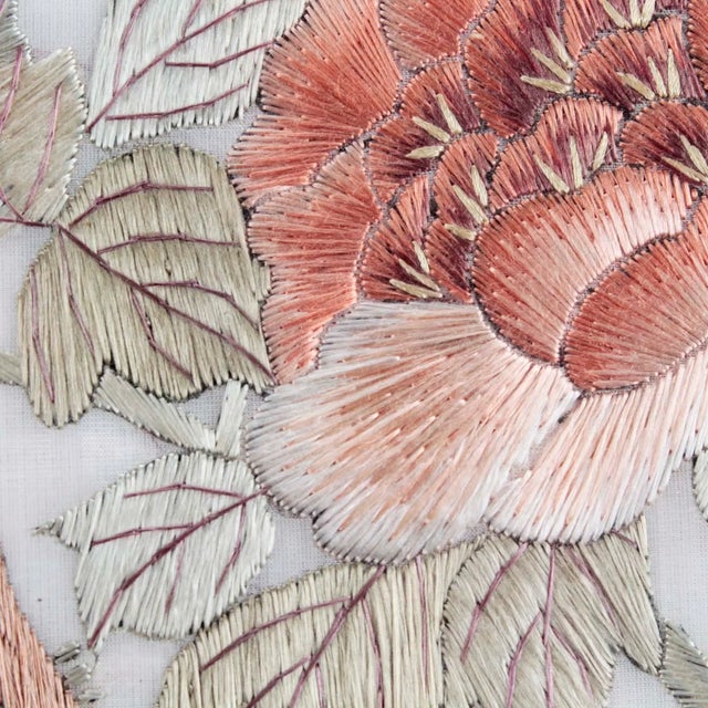 Mid-Century Silk Hand Embroidery With Flowers and Birds in Bamboo Frame ...