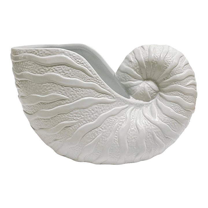 Contemporary White Ceramic Nautilus Shell Planter | Chairish