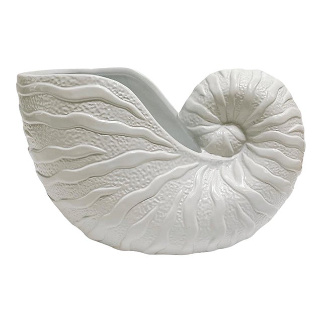 Contemporary White Ceramic Nautilus Shell Planter | Chairish