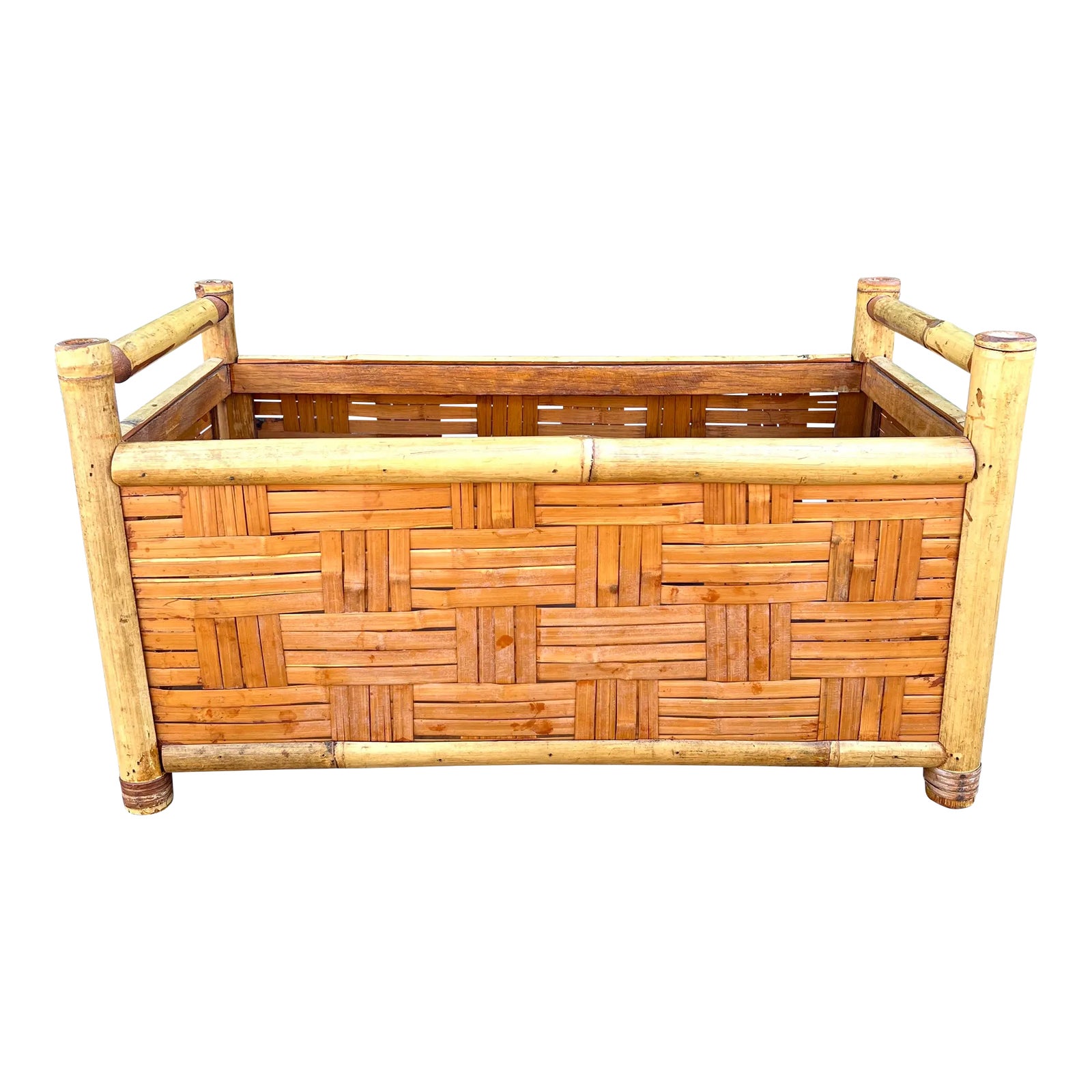 Bamboo and Woven Rattan Rectangular Long Planter | Chairish