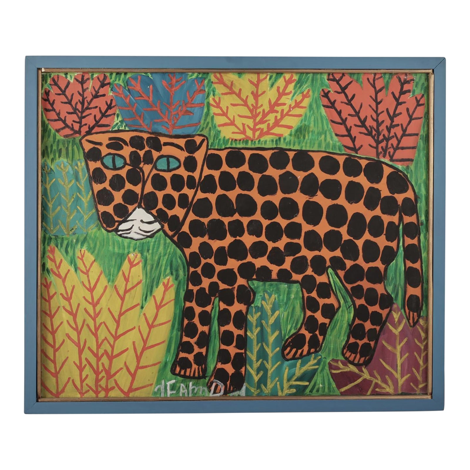 Vintage Haitian Painting of a Leopard by Ti Tra Jean Fatreuse Delva ...