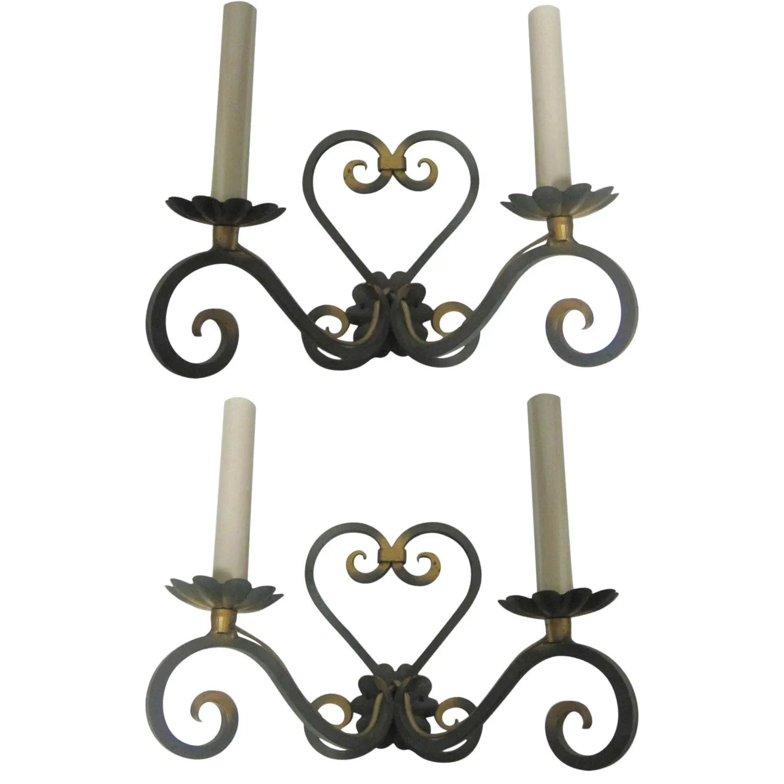 French Verde Green and Gilt Hand Forged Iron Sconces - a Pair | Chairish