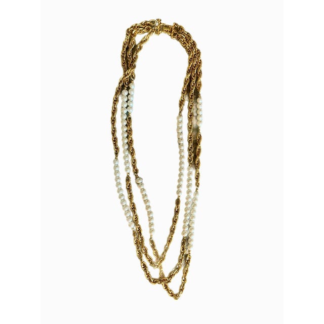 Vintage Chanel Look Triple Gold Chain and Faux Pearl Necklace | Chairish